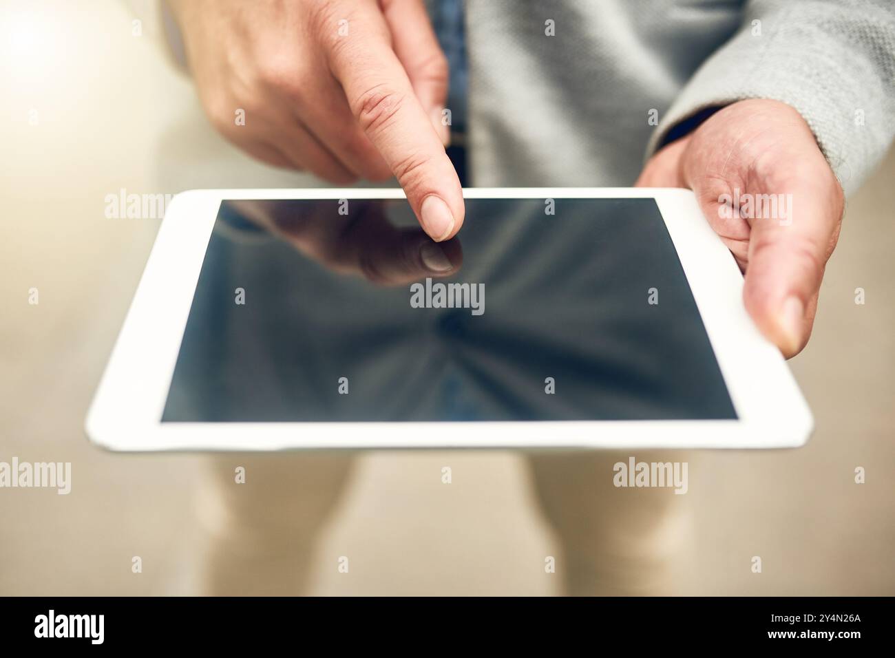 Research, screen and hands with tablet, typing and schedule for ...