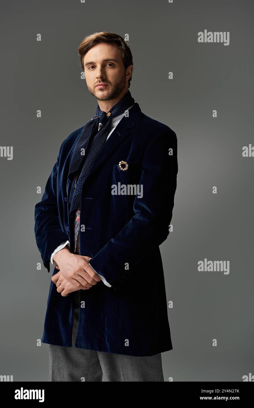 A handsome dandy stands confidently, showcasing his fashionable attire ...