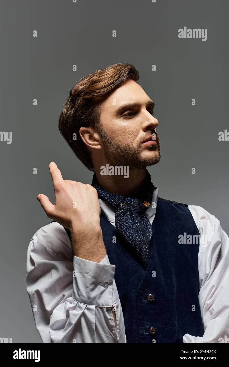 A handsome dandy showcases his unique style, striking a thoughtful pose ...