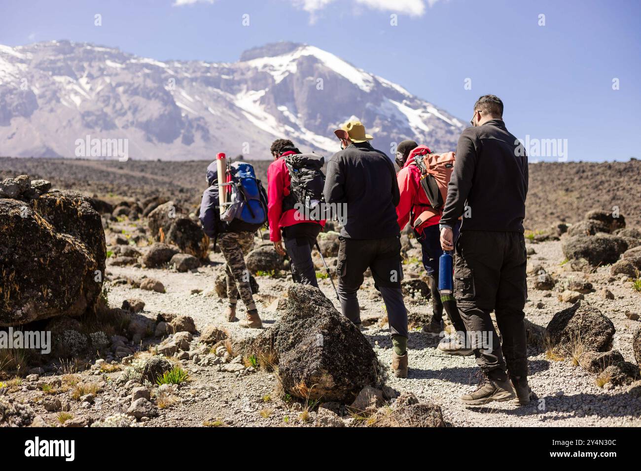 Hikers climbing Mountain Kilimanjaro along the Machame route Stock ...
