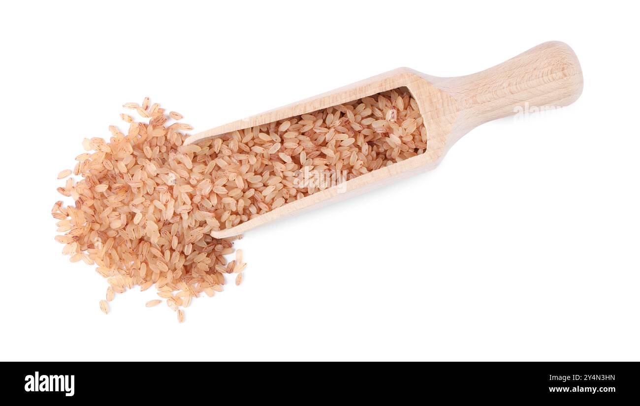 Raw organic matta rice in wooden scoop isolated on white, top view ...