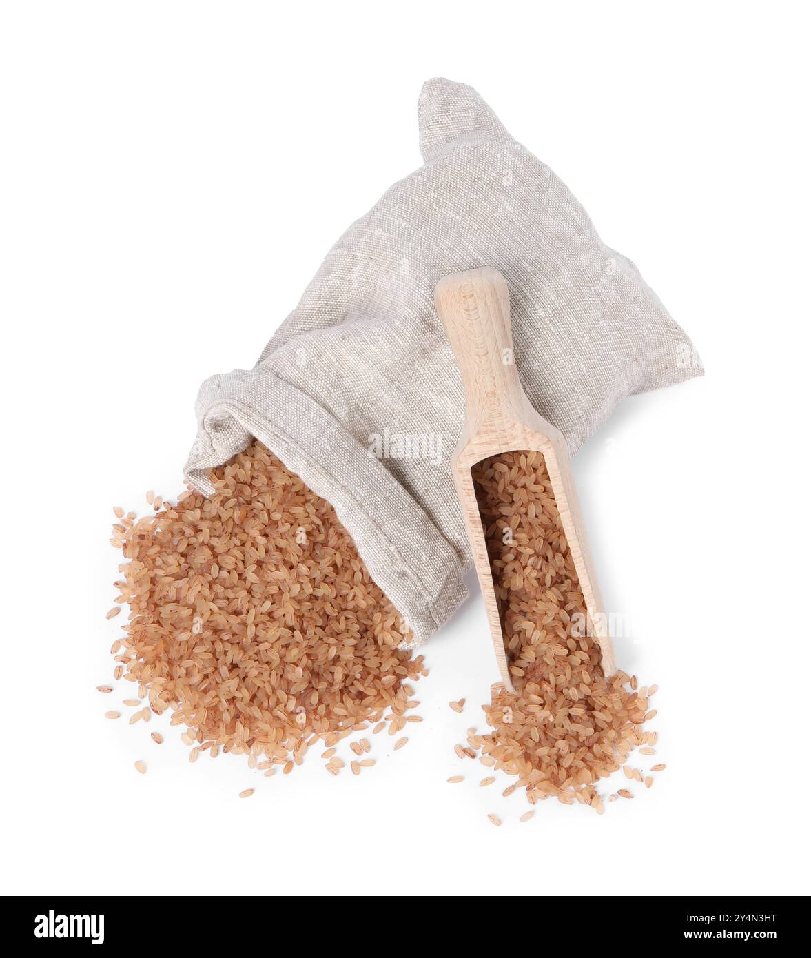 Raw organic matta rice in burlap with scoop isolated on white, top view ...