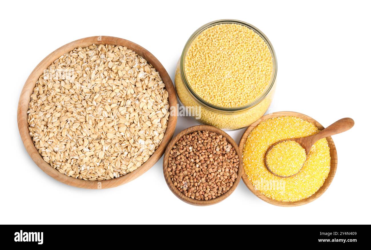 Different cereal grains isolated on white, top view Stock Photo - Alamy