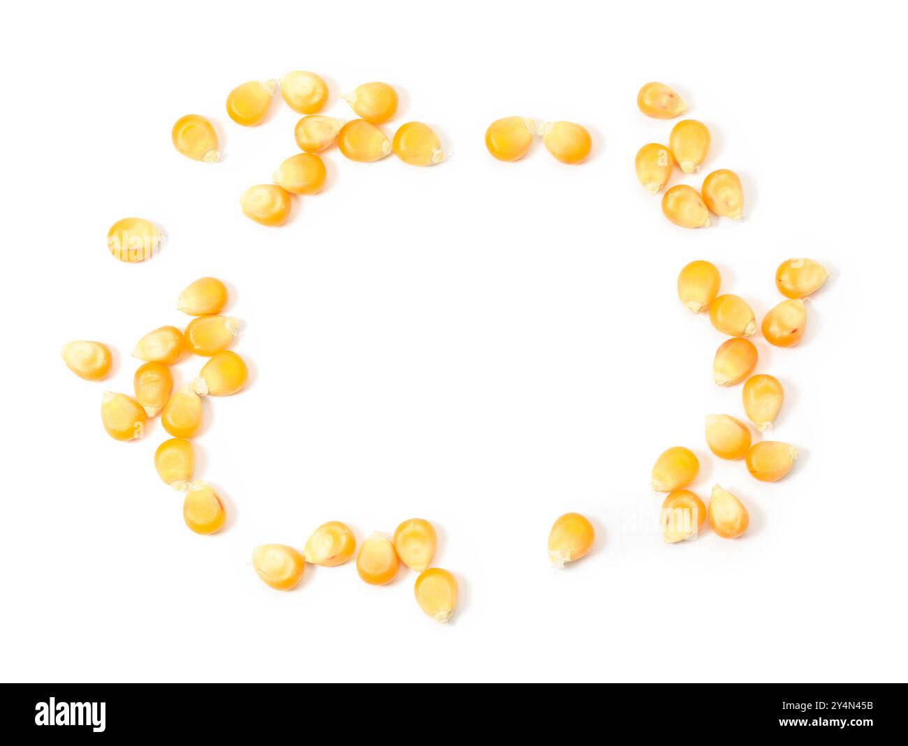 Frame of fresh corn kernels on white background, flat lay. Space for ...