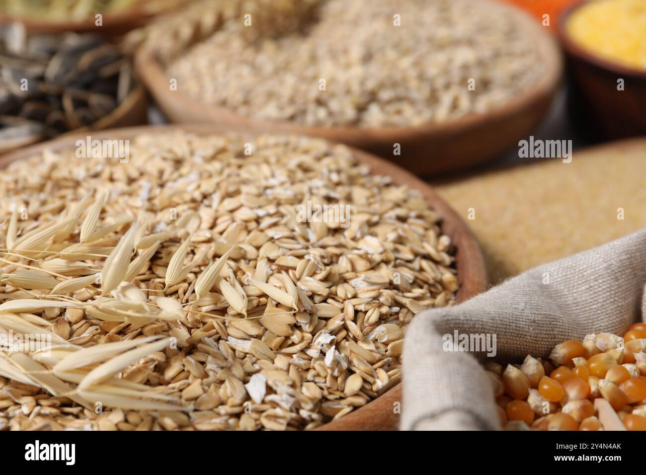 Different types of cereals on table, closeup Stock Photo - Alamy