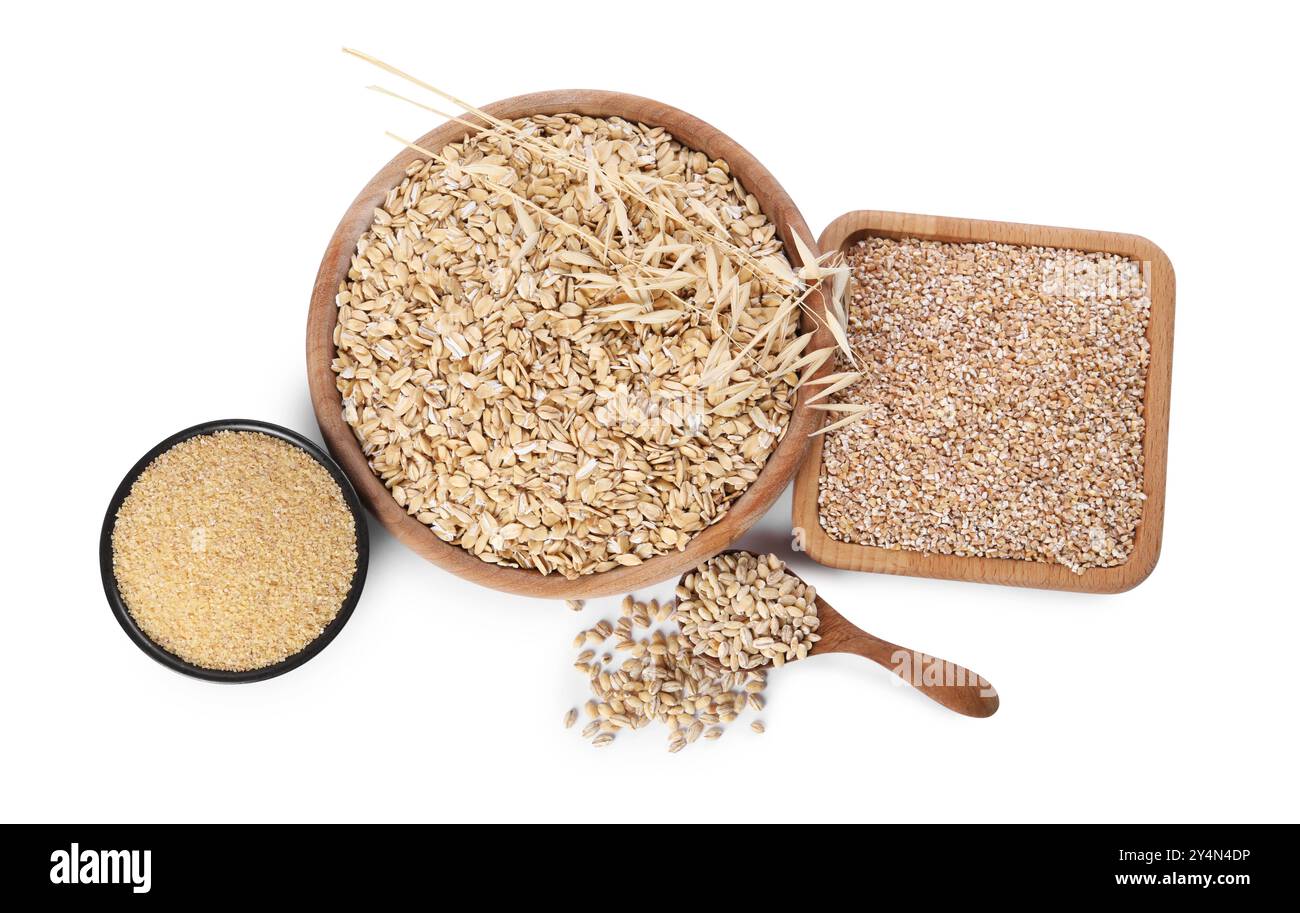 Different types of cereals isolated on white, top view Stock Photo - Alamy
