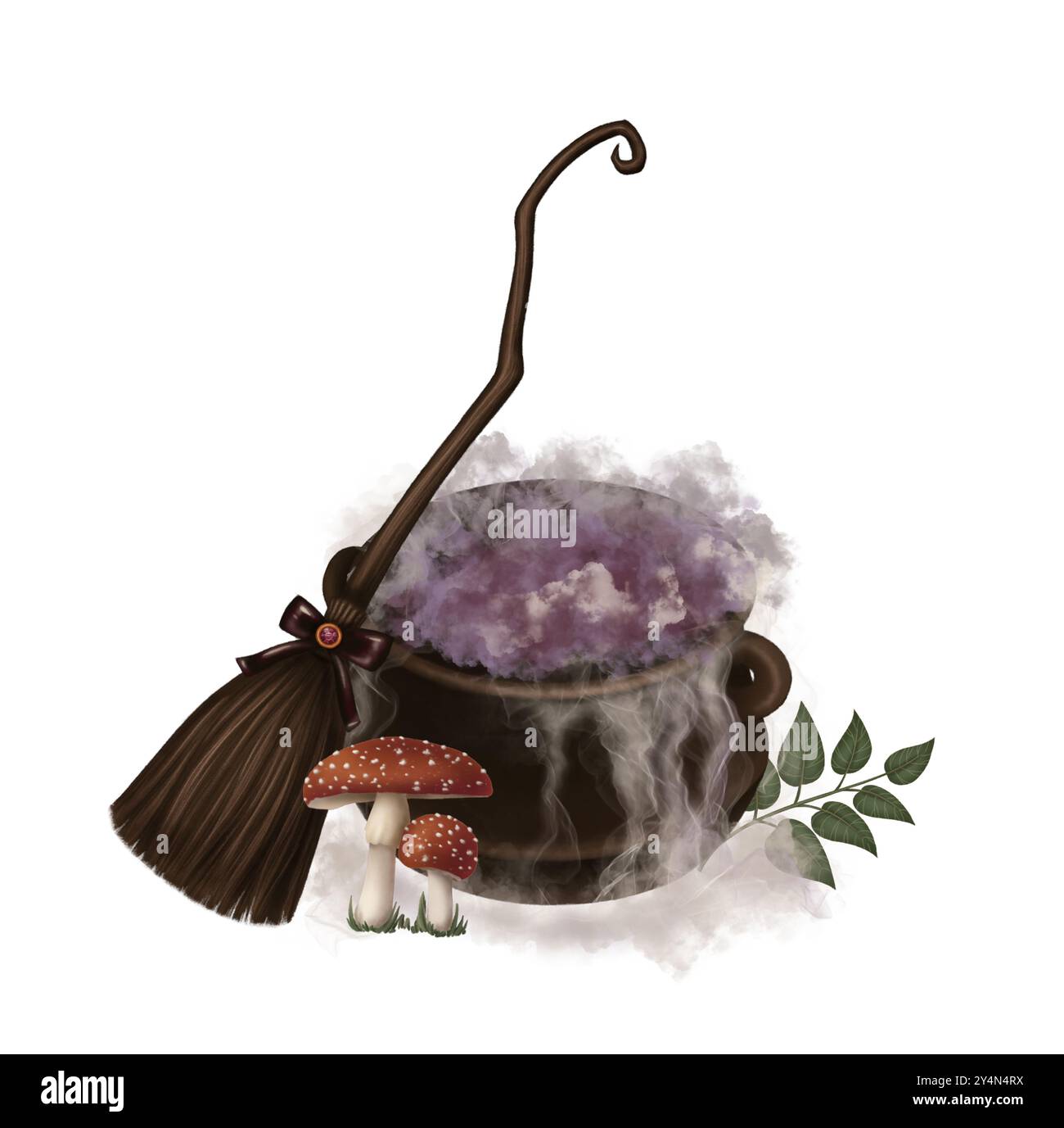 Witch's cauldron with steaming potion and broom Halloween composition ...