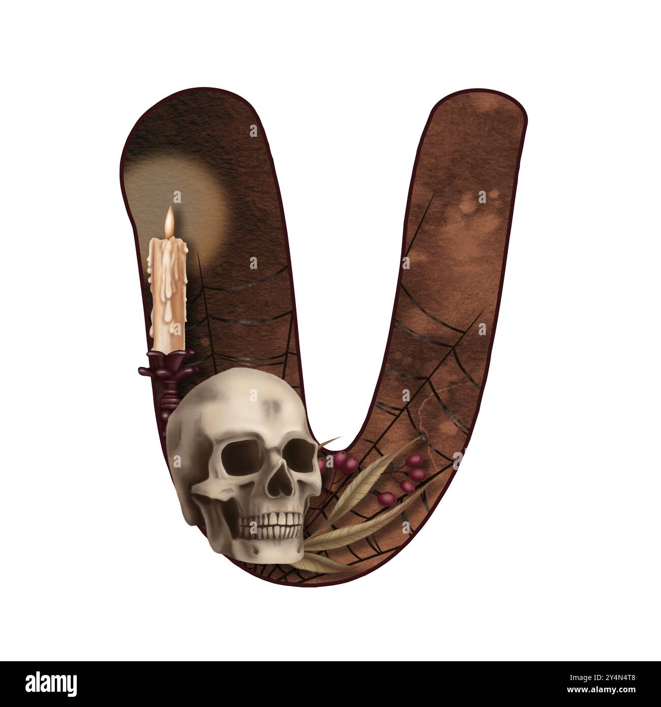 Letter V Halloween illustration with human skull and candle in cartoon ...