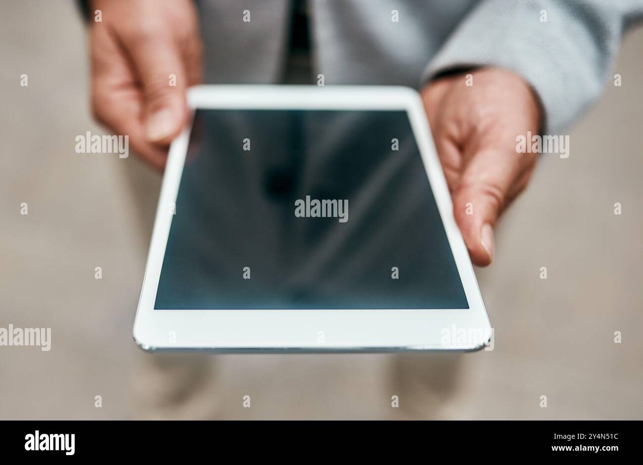 Typing, screen and hands with tablet, outdoor and schedule for ...