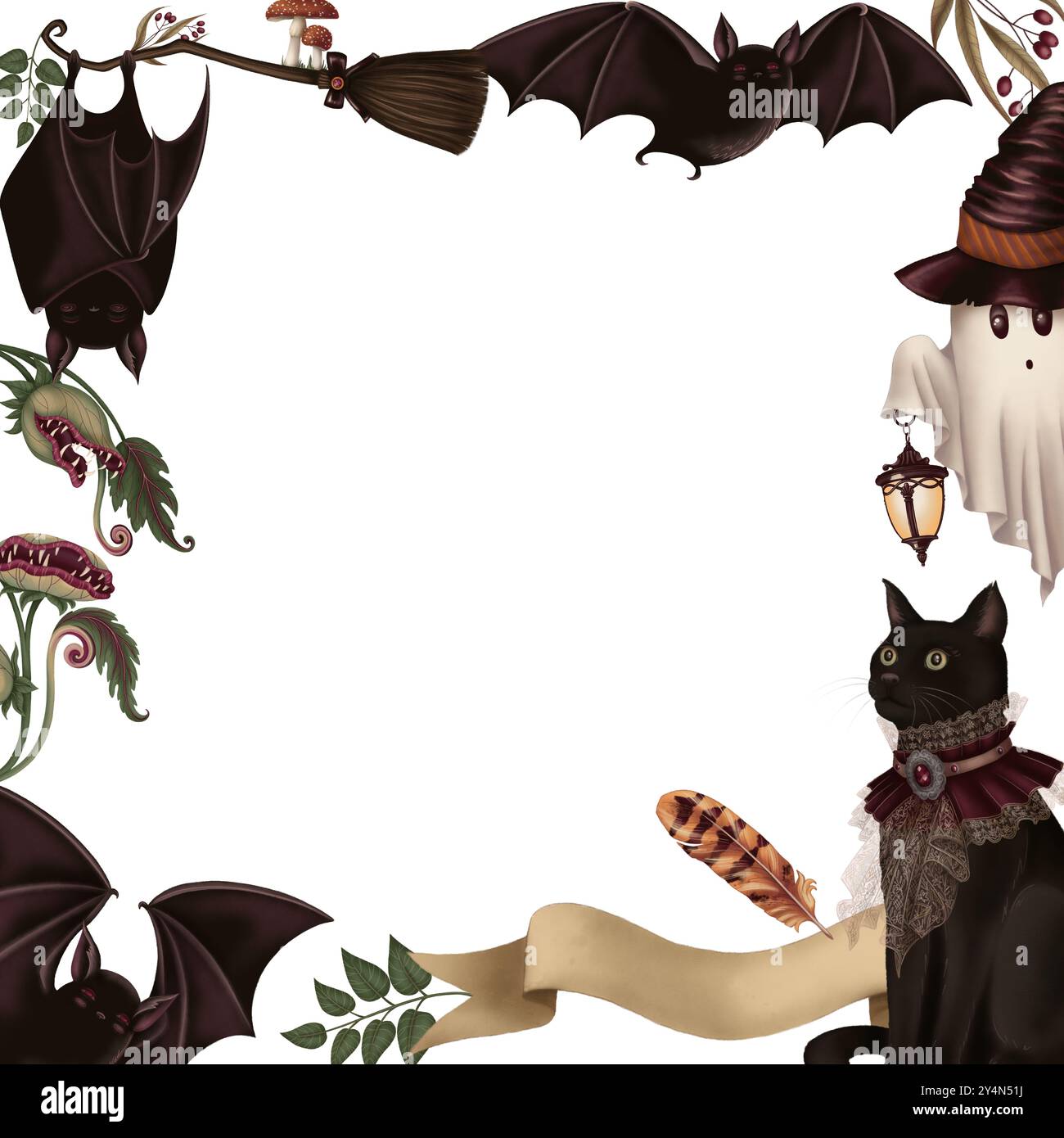 Halloween square frame with cute ghost and other scary characters in ...