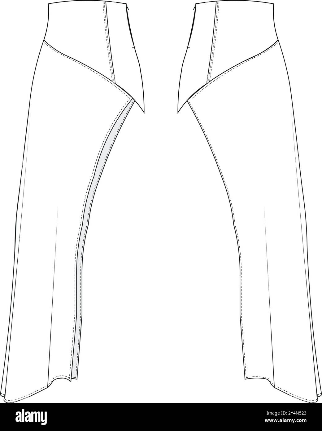 two-piece asymmetric skirt with low-cut leg template technical drawing ...