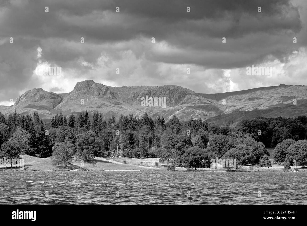 Black and white view of the mountains surrounding Lake Windermere in ...