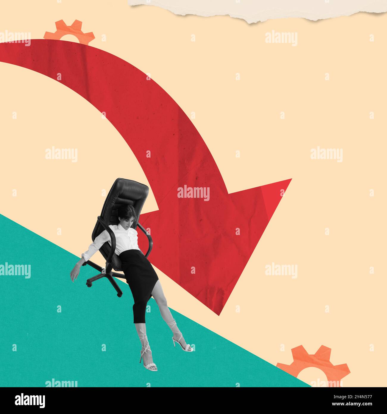 Woman sitting on chair rolling down with large red lines, symbolizing ...