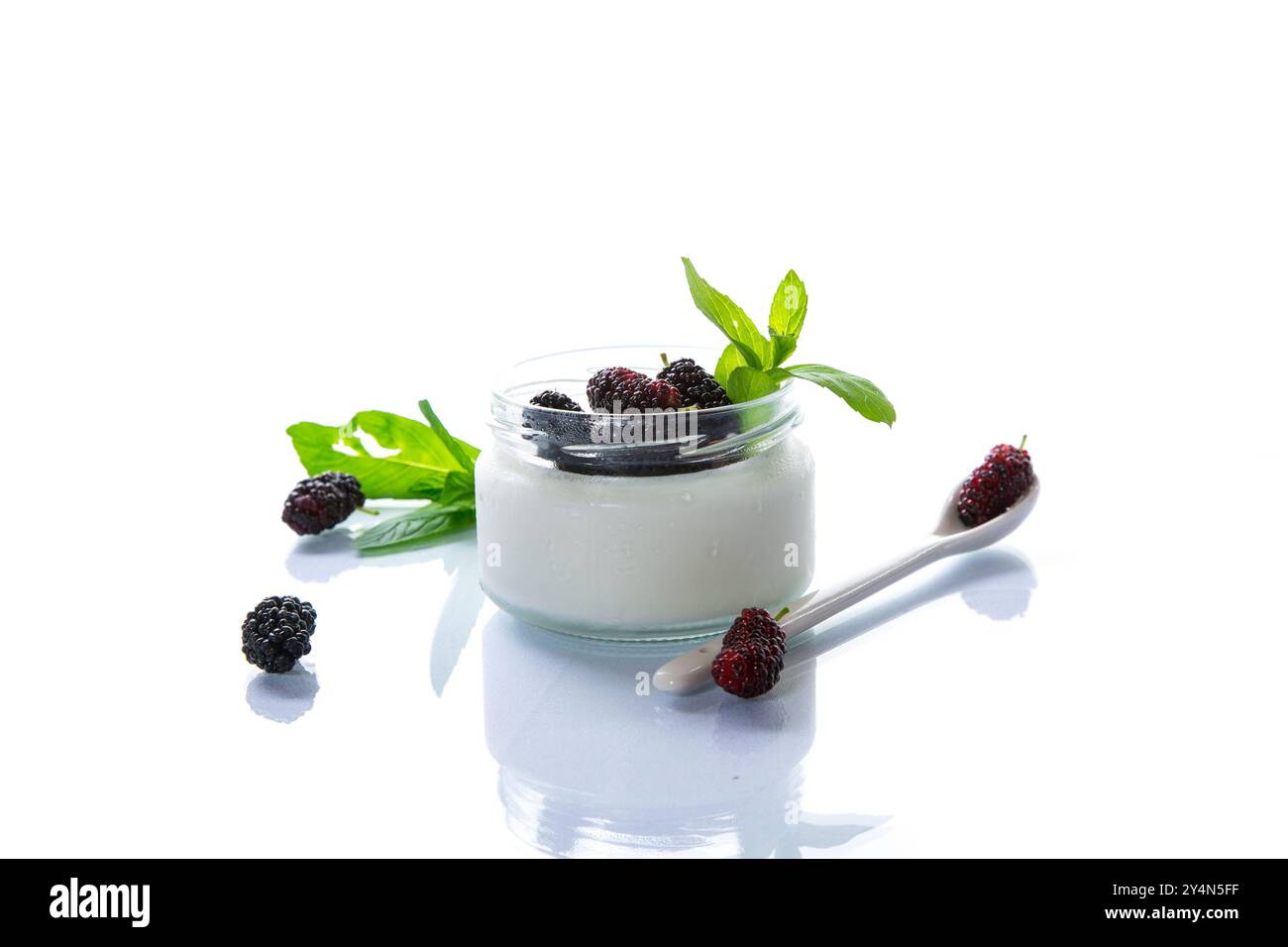 homemade sweet yogurt in a jar with black mulberries isolated on white ...