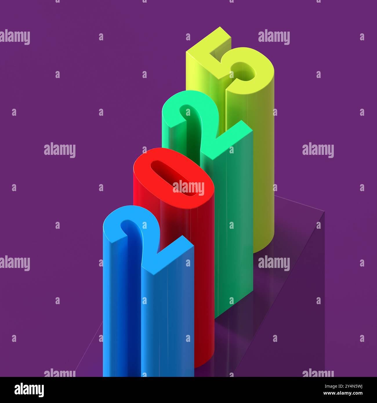 The colorful digits 2025 on a purple background. Orthograpic ...