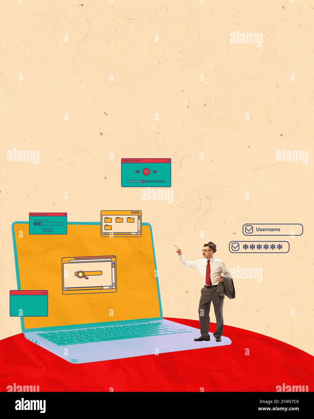 Businessman pointing to giant laptop, surrounded by floating app ...