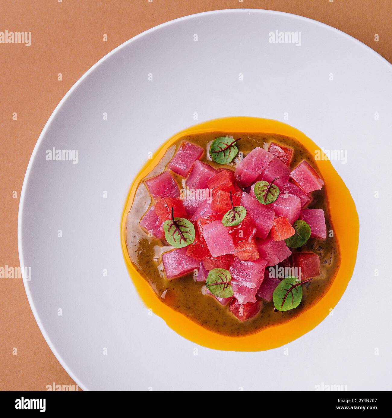 tuna tartare with micro beetroot leaves Stock Photo - Alamy
