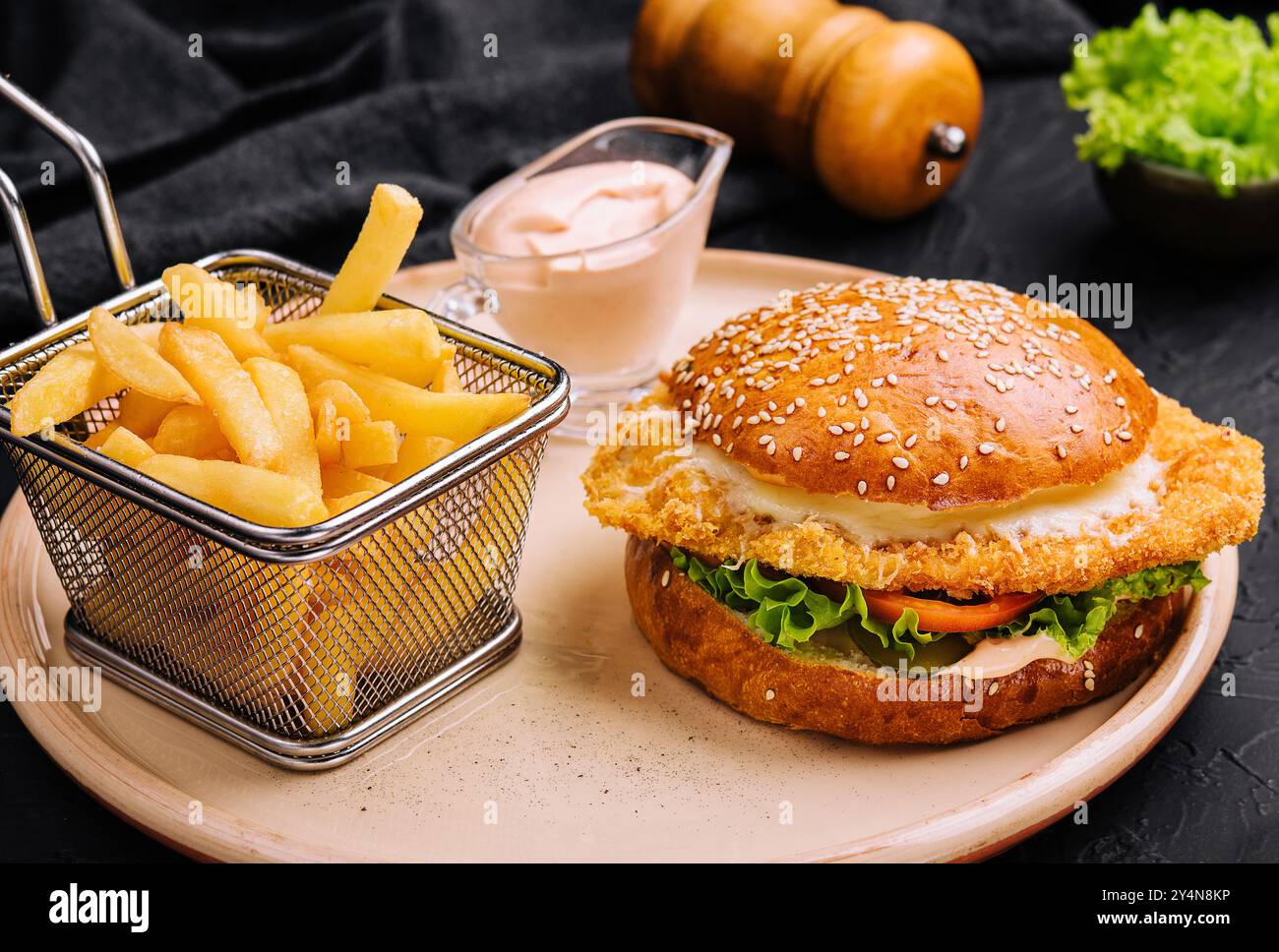 Fried chicken burger - unhealthy food style Stock Photo - Alamy