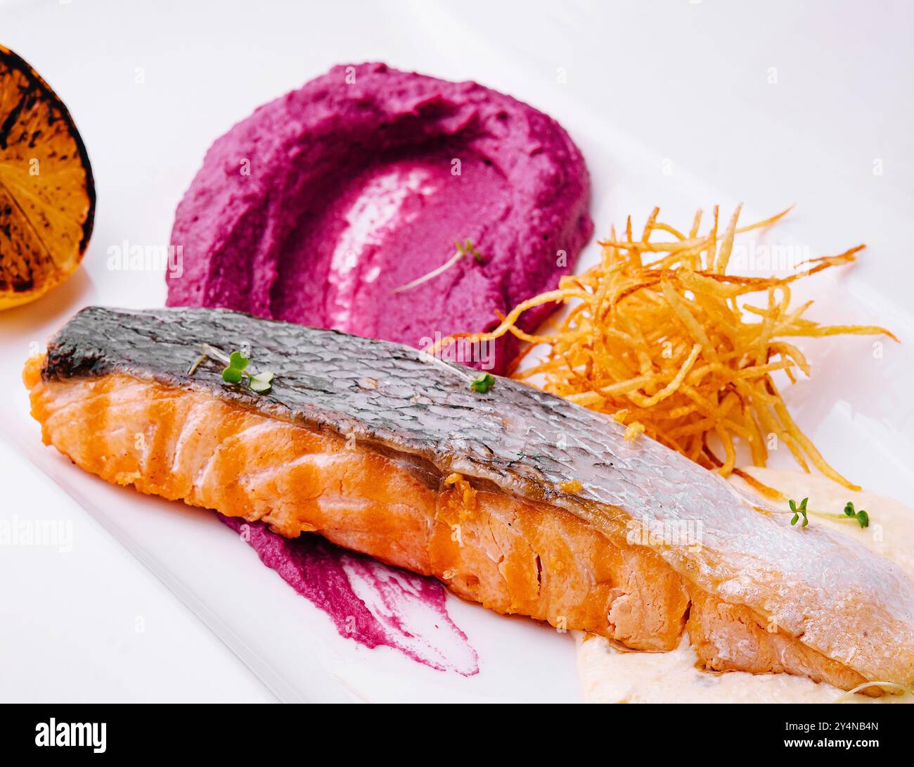 Salmon with beetroot puree and cream sauce Stock Photo - Alamy