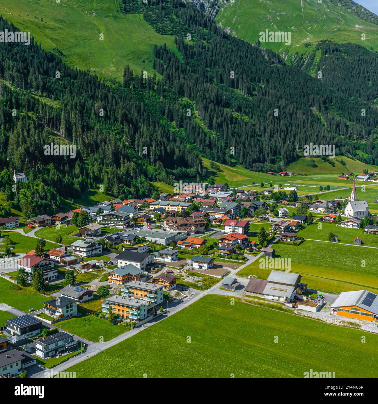 Aerial view of the Lech Valley around the municipality of Elbigenalp in ...