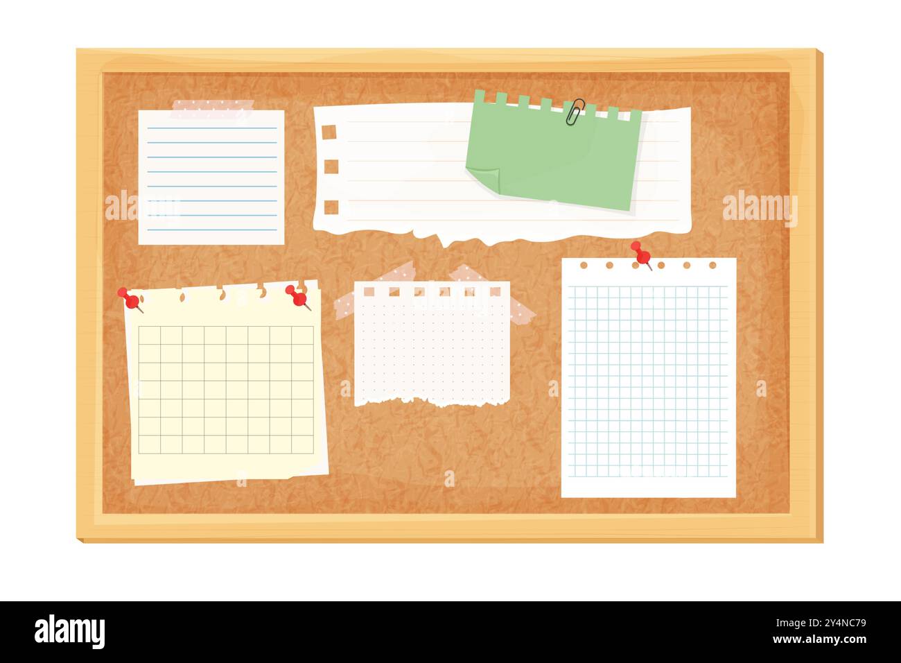 Sticky notes, paper reminder on corkboard with pin, tape. Postit, memo ...