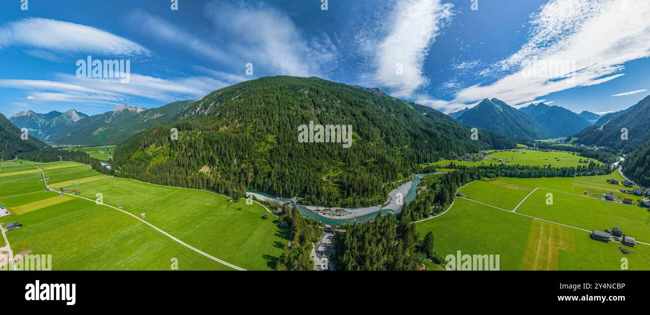 Aerial view of the Lech Valley around the municipality of Elbigenalp in ...