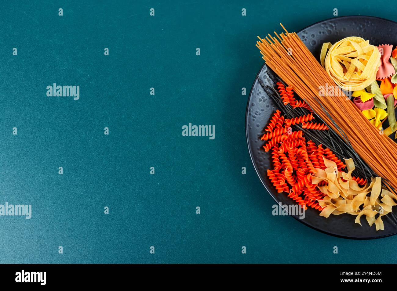 Different types and shapes of pasta, noodles and spaghetti. Top view ...
