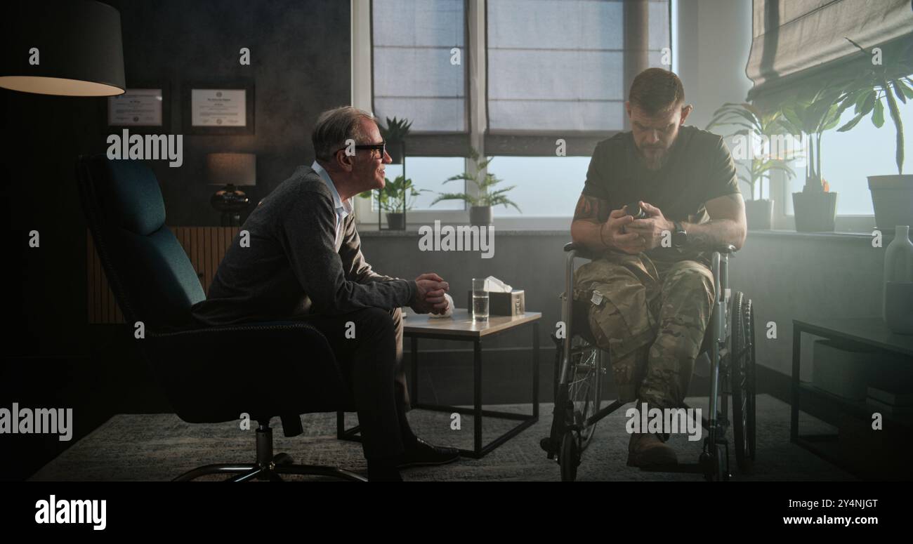 Senior psychotherapist conducts psychological therapy or post war ...