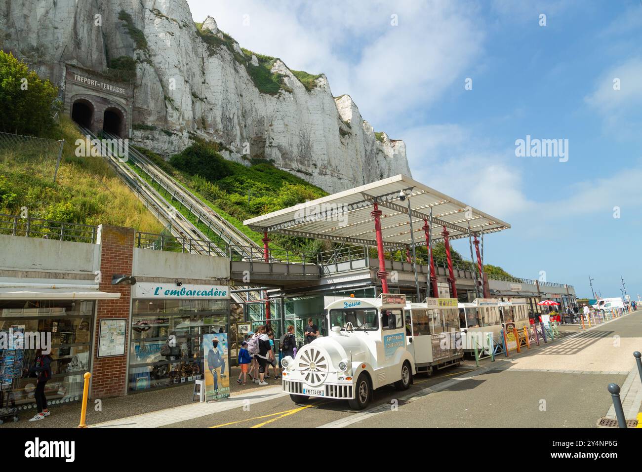 Le Tréport Tourist Train outside the towns funicular railway station ...