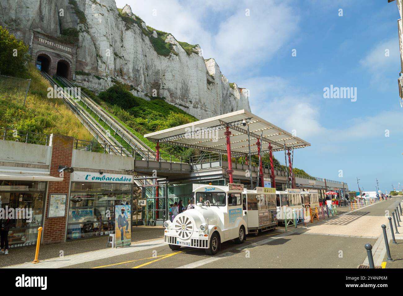 Le Tréport Tourist Train outside the towns funicular railway station ...