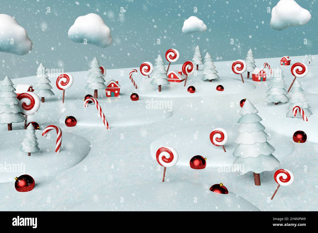 Fairy Christmas magical forest with gingerbread houses, fir trees ...