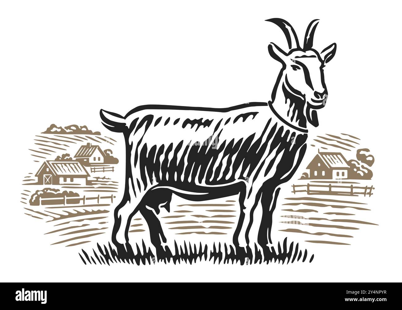 Goat grazes in meadow. Hand drawn sketch rural landscape with farm ...