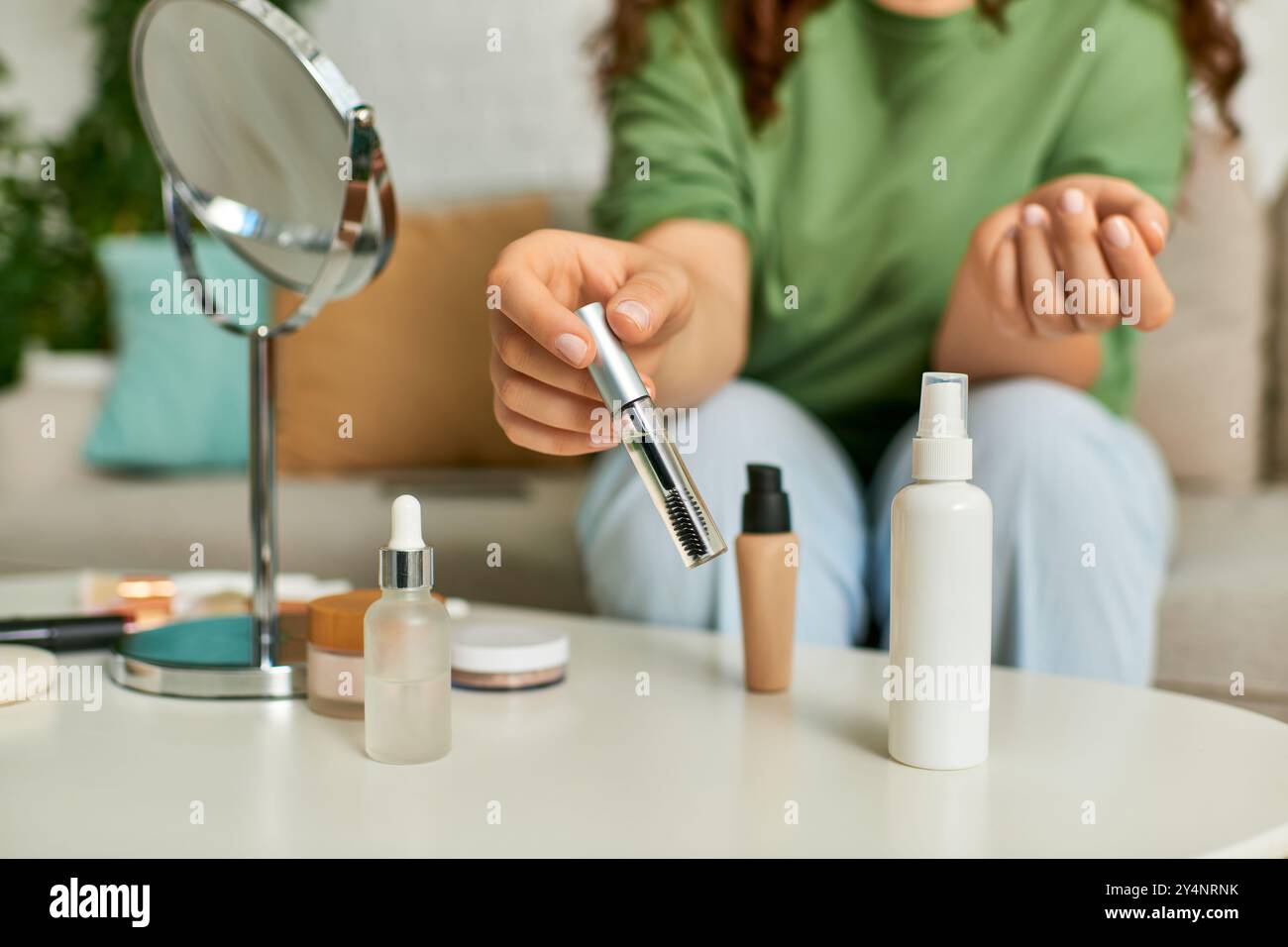 A plus-size woman explores her beauty routine surrounded by various ...