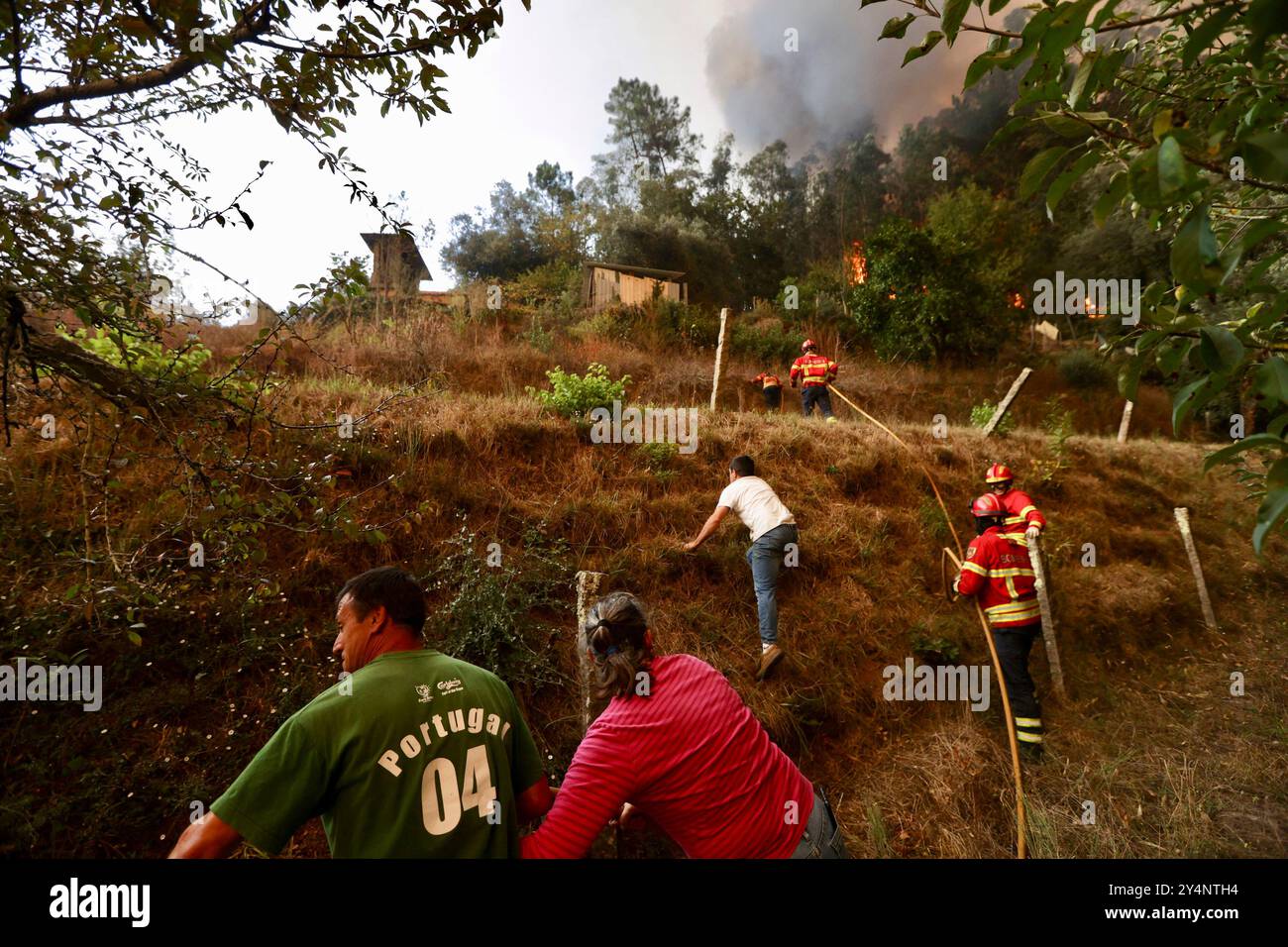 Villagers and firefighters battle a wildfire in Busturenga, Sever do ...
