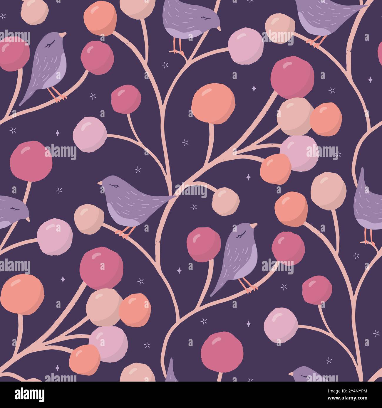 Vector seamless pattern with sparrow birds sleeping on berry bush twigs ...
