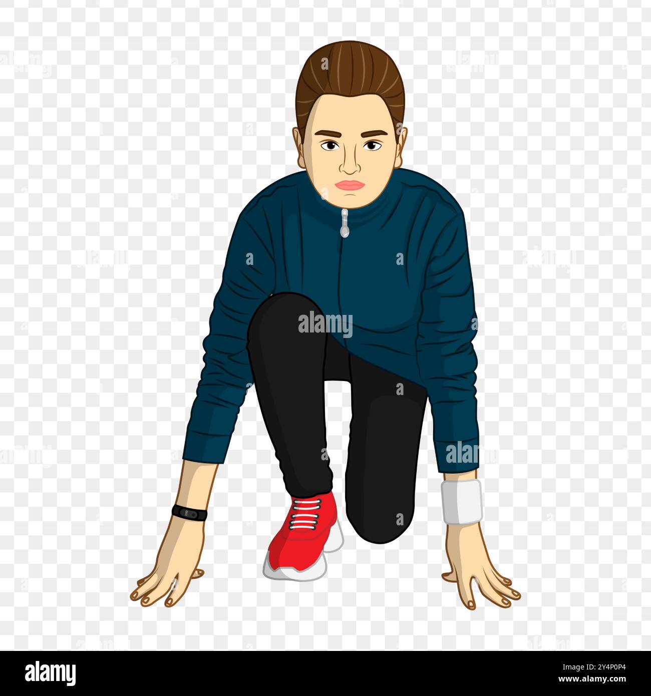 Vector illustration of girl in running start position on transparent ...