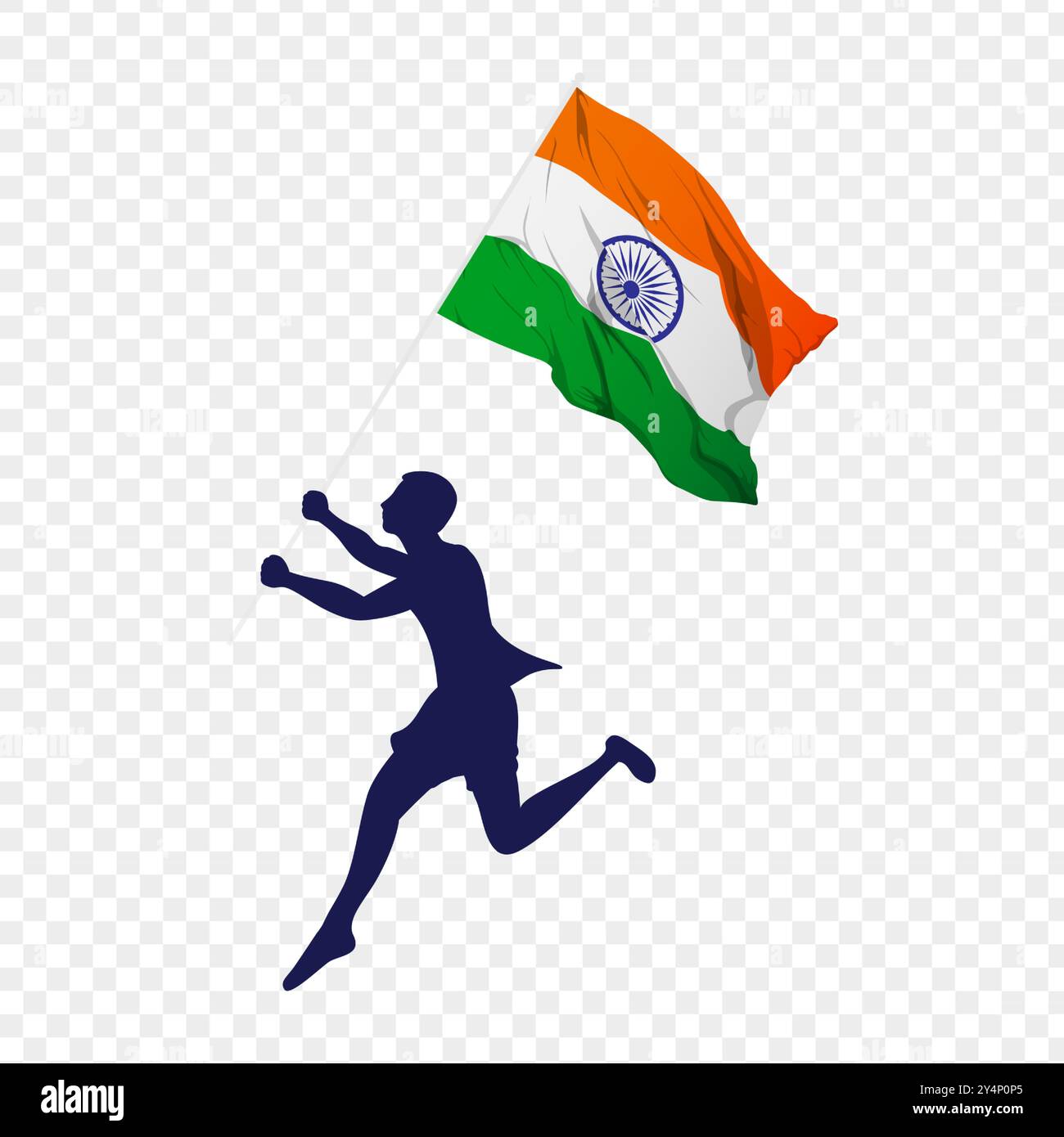Vector illustration of man running and holding India flag in hands on transparent background ...