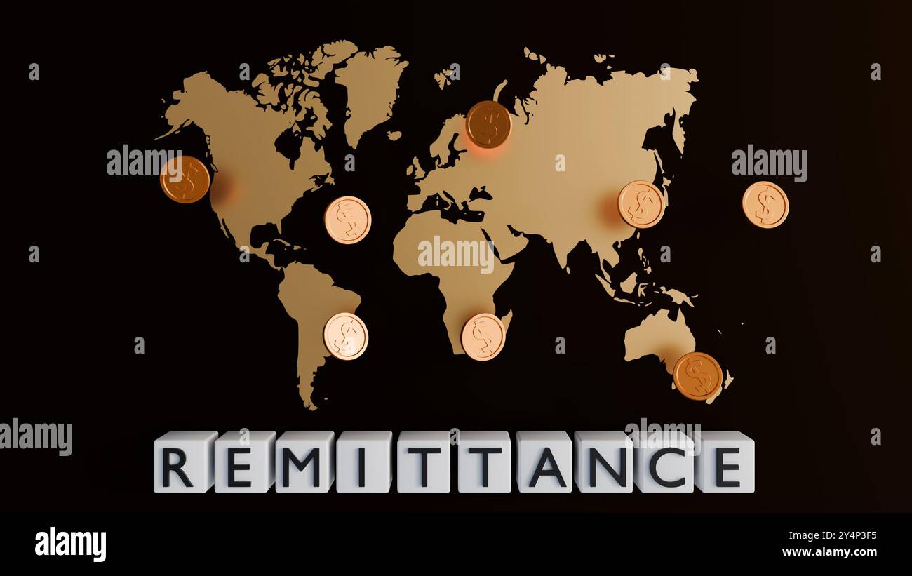 3d rendering of a global remittance concept. The word "REMITTANCE" is ...