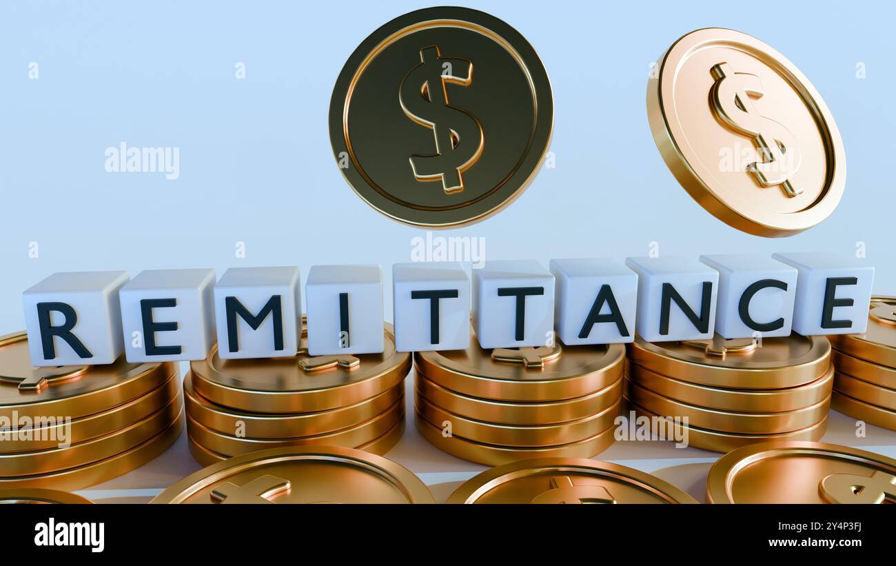 3d rendering of a global remittance concept. The word "REMITTANCE" is ...