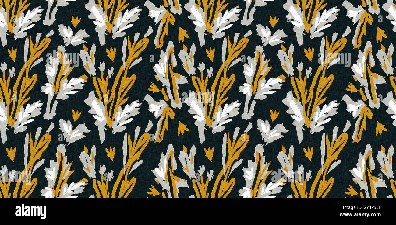 Modern printed fabric flower block print pattern with linen texture ...