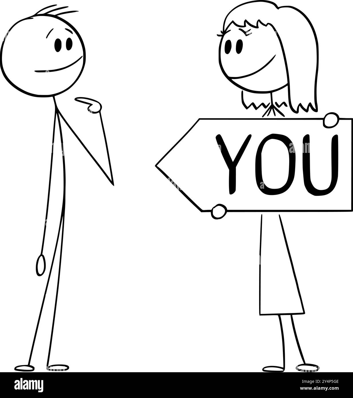 Woman holding you arrow sign and pointing at man, vector cartoon stick ...
