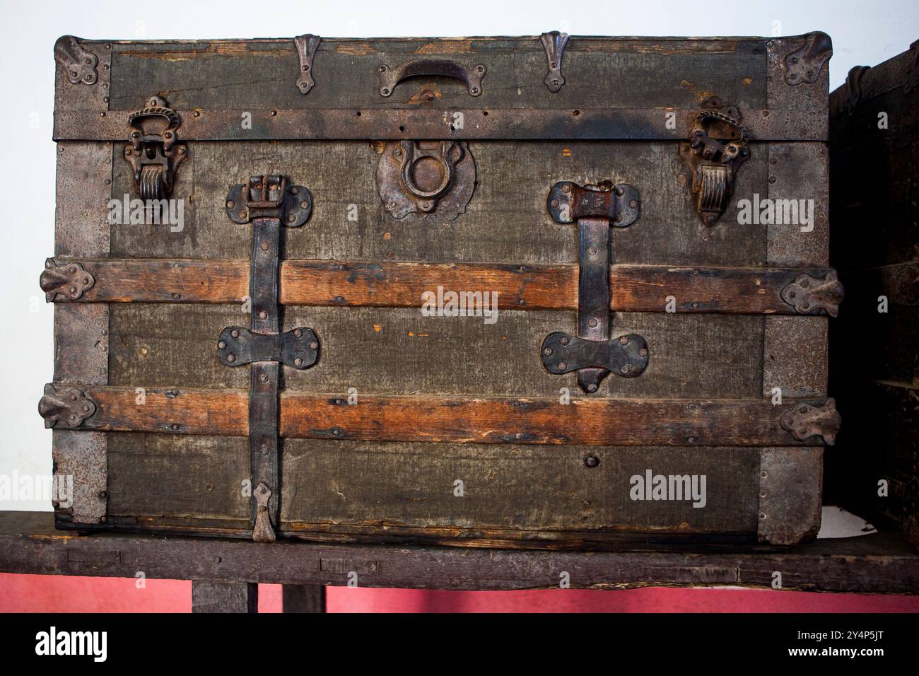 Old Spanish trunk made of wood with metal reinforcements and hardware ...