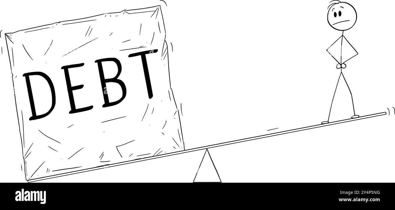 Person and debt on balance scale, vector cartoon stick figure or ...