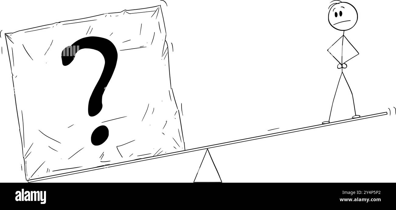 Uncertain person standing on balance scale , vector cartoon stick ...