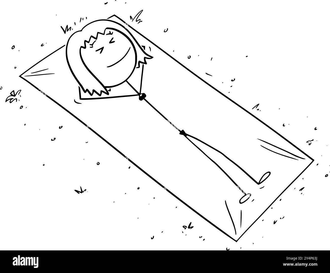 Woman lying and sunbathing on blanket , vector cartoon stick figure or ...