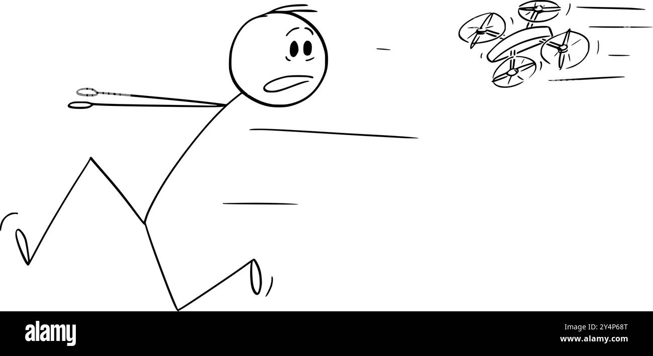 Drone chasing person, person is running , vector cartoon stick figure ...