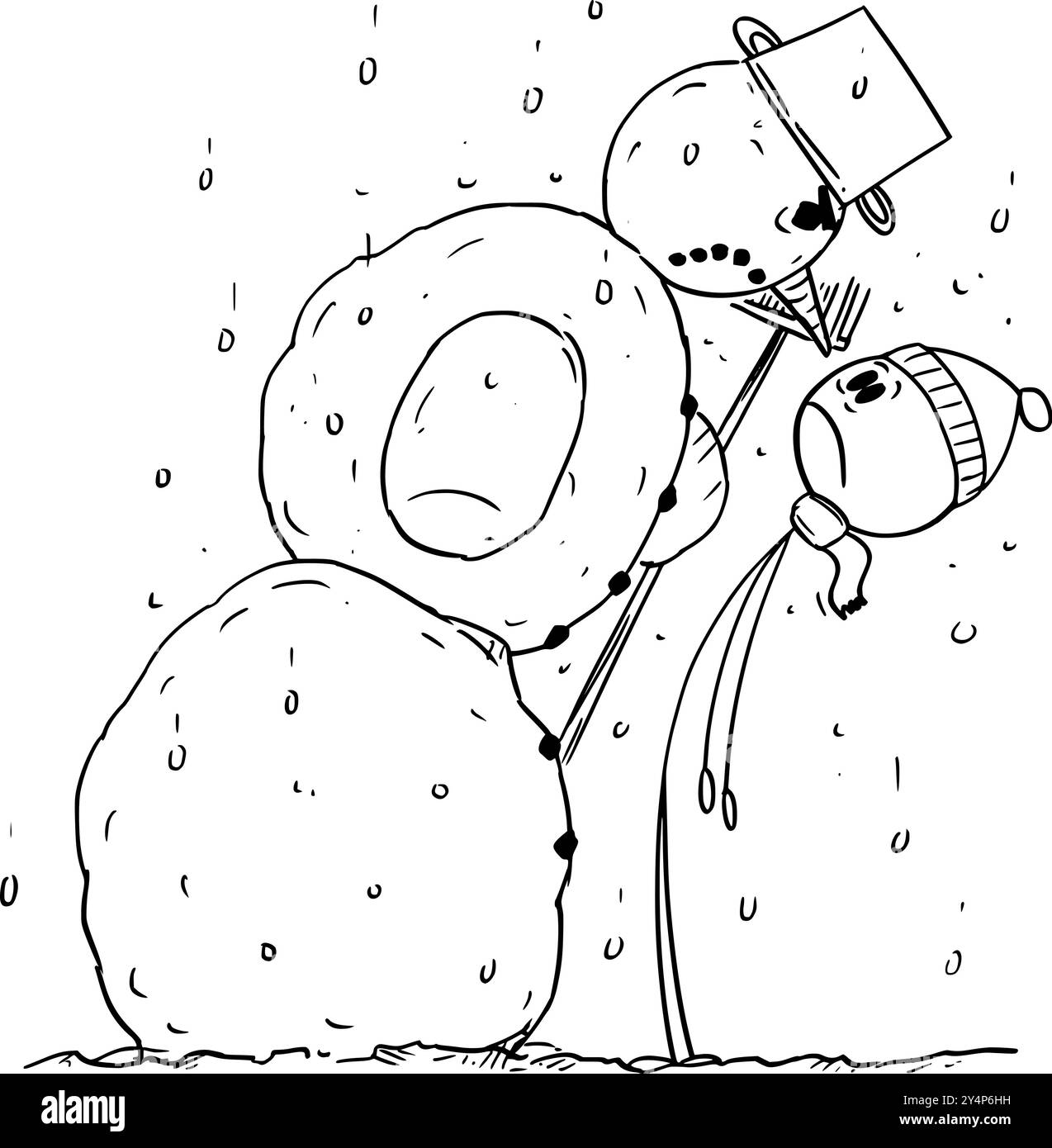 Person arguing with aggressive snowman, vector cartoon stick figure or ...