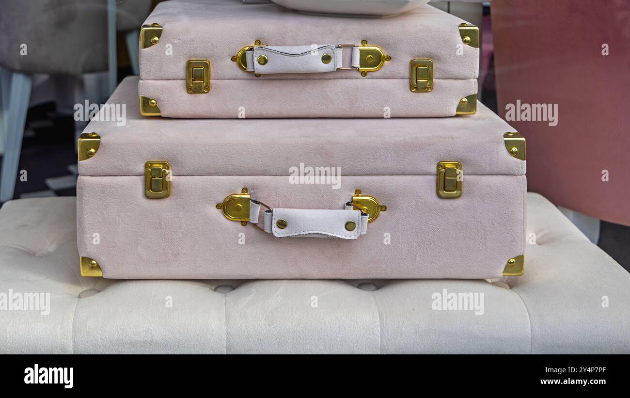 Plush Suitcases With Golden Details Luxury Style Luggage Set Stock ...