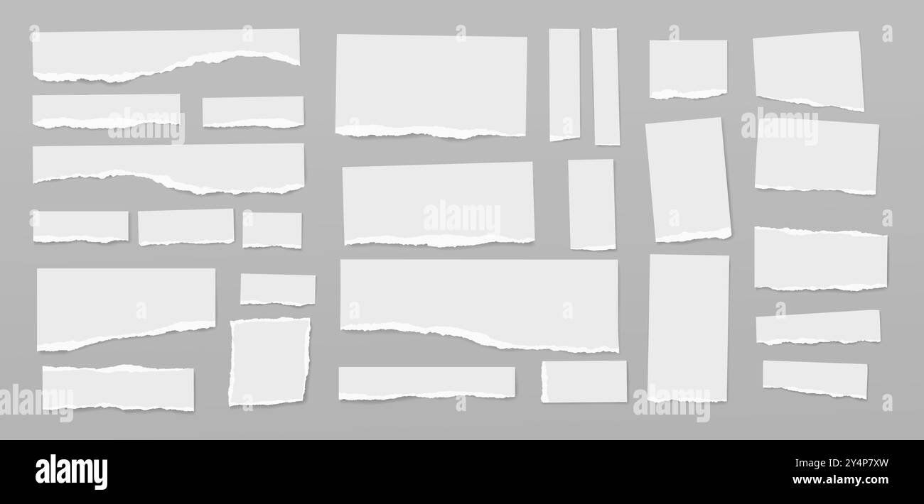 Set of torn white note paper pieces, strips are on gray background for ...