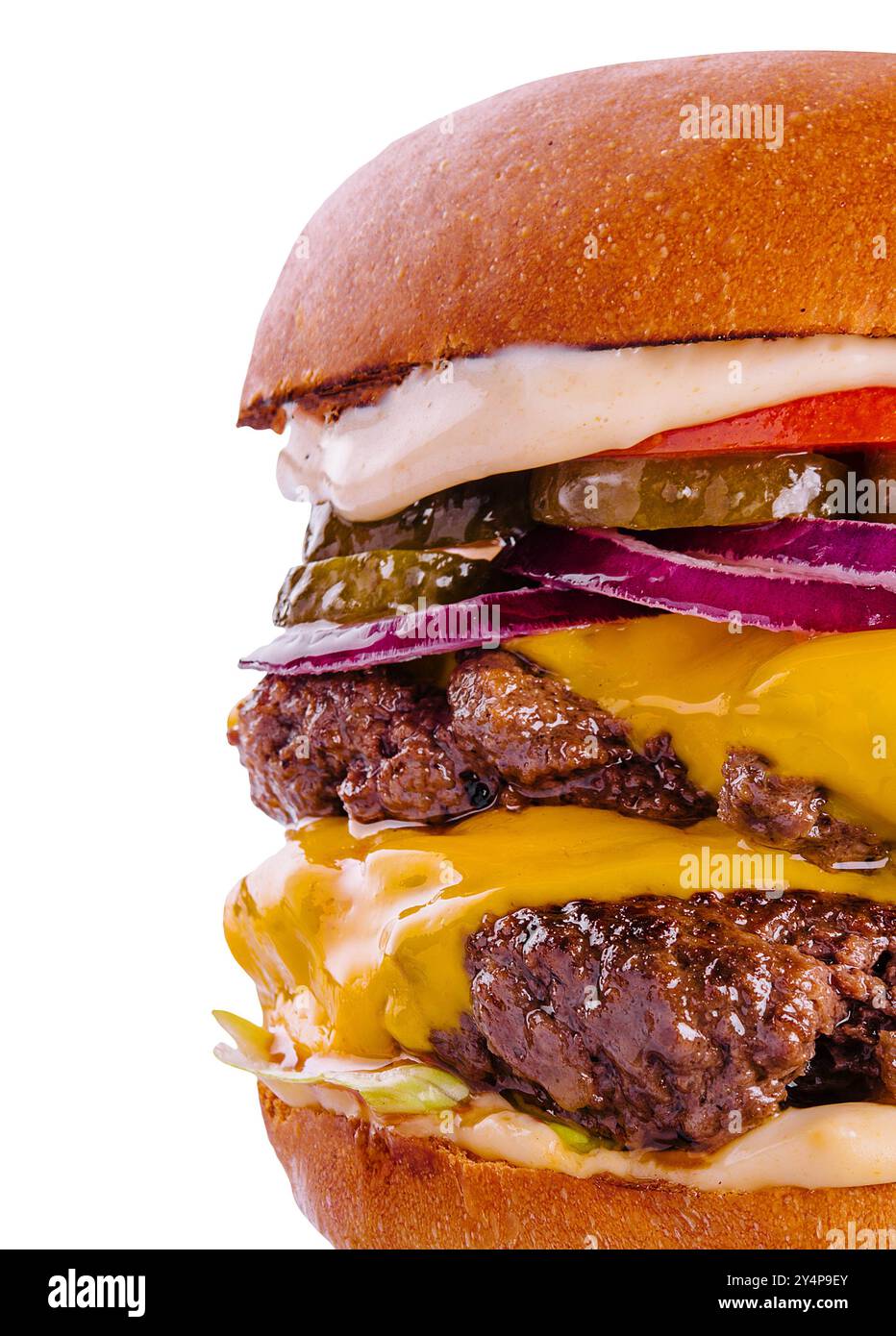 Large cheeseburger with two beef patties grilled Stock Photo - Alamy